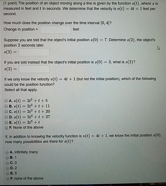 Solved (1 point) The position of an object moving along a | Chegg.com