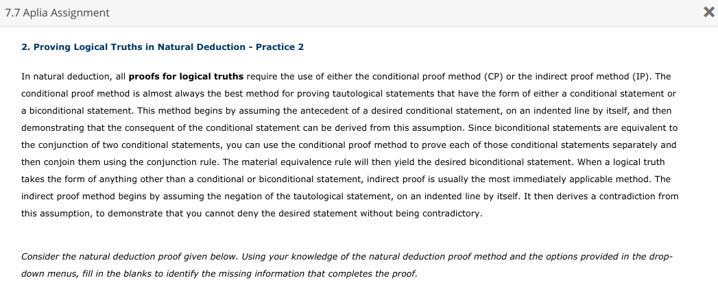 Solved 7.7 Aplia Assignment 2. Proving Logical Truths in | Chegg.com