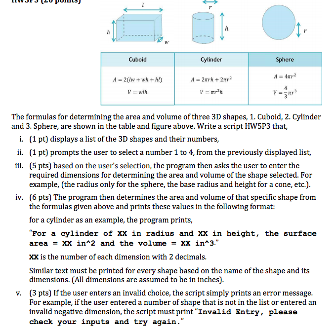 Solved Cuboid Cylinder Sphere The formulas for determining | Chegg.com