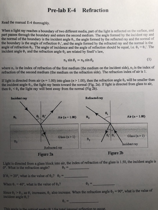 Solved Pre-lab E-4 Refraction Read the manual E-4 | Chegg.com