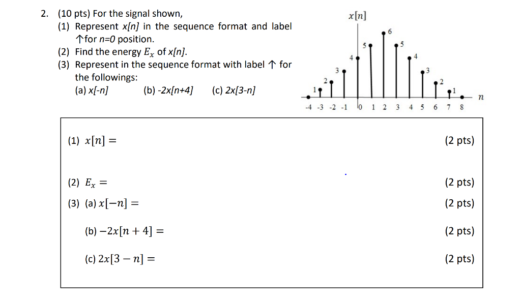 Solved x[n] 6 2. (10 pts) For the signal shown, (1) | Chegg.com