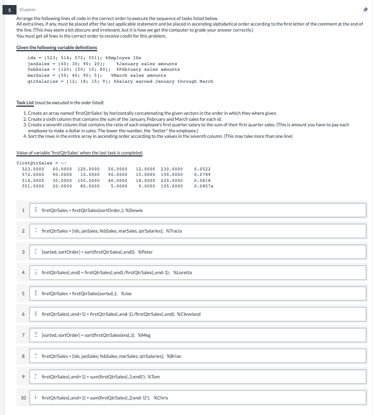 Solved 8 9 points $ Arrange the following lines of code in | Chegg.com