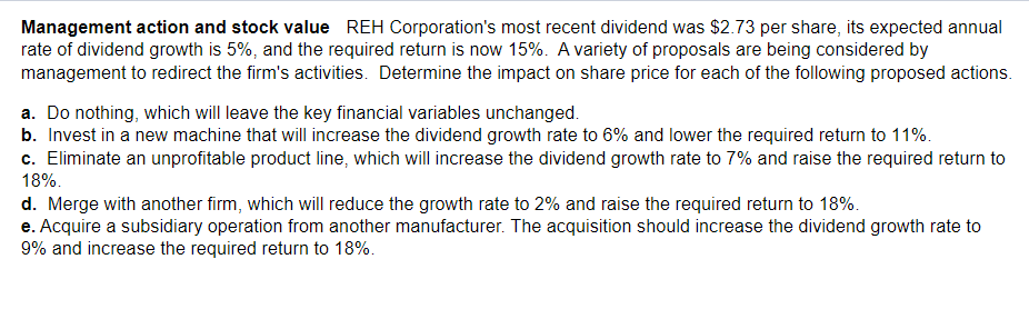 Solved Management action and stock value REH Corporation's | Chegg.com