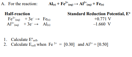 Solved A. For the reaction: Als) + Fe(aq) AP+ (aq) + Fe(a) | Chegg.com