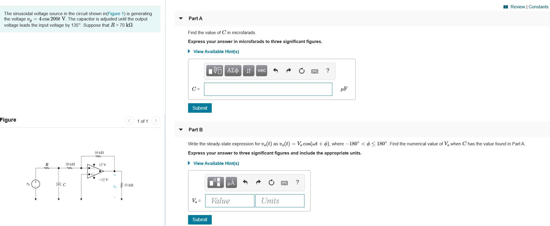 Solved Review Constants The sinusoidal voltage source in the | Chegg.com