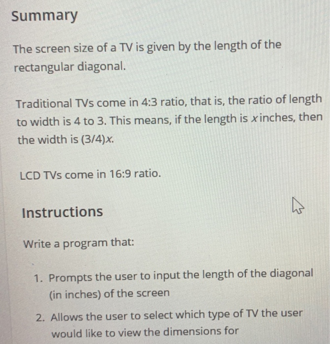 Solved Summary The screen size of a TV is given by the | Chegg.com