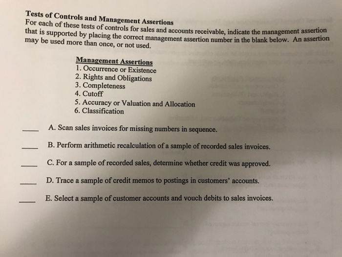 Solved Tests of Controls and Management Assertions For each | Chegg.com