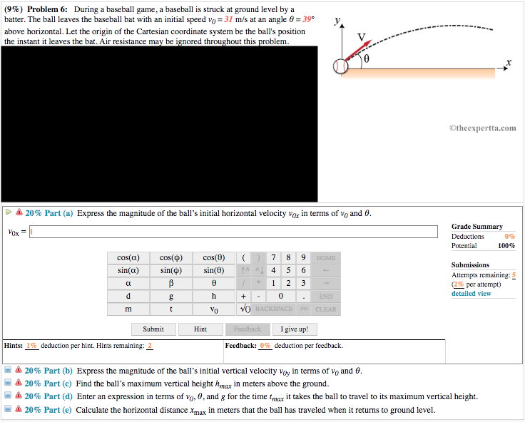 Solved (9%) Problem 6: During a baseball game, a baseball is | Chegg.com