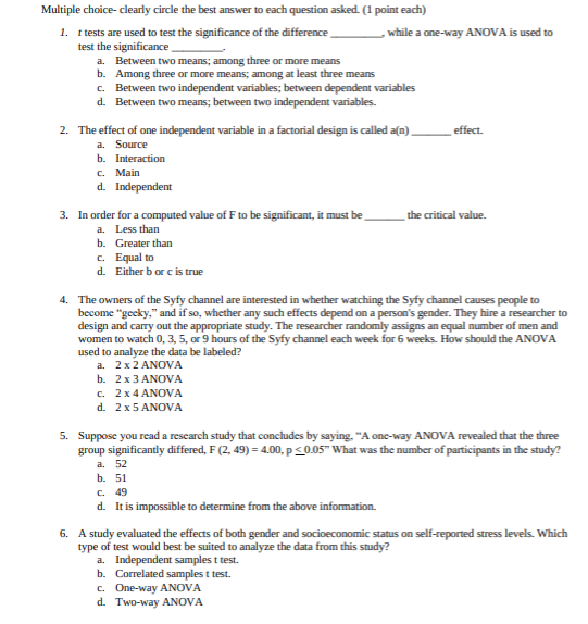 Solved: Multiple Choice-clearly Circle The Best Answer To ... | Chegg.com