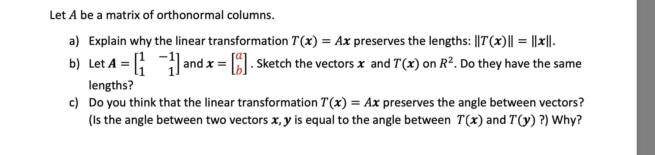 Solved Let A be a matrix of orthonormal columns. 1 and x = | Chegg.com