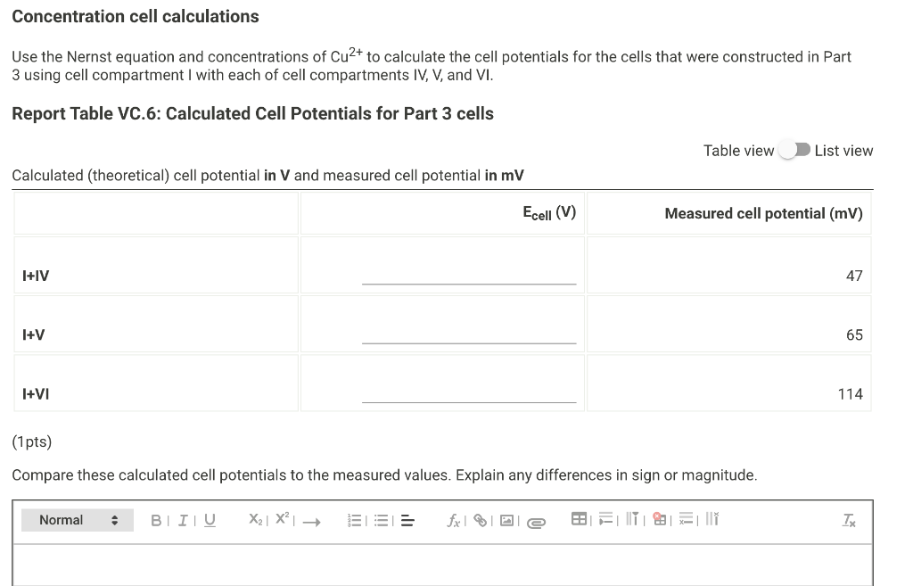 Calculated Cell Potentials Using the table of | Chegg.com