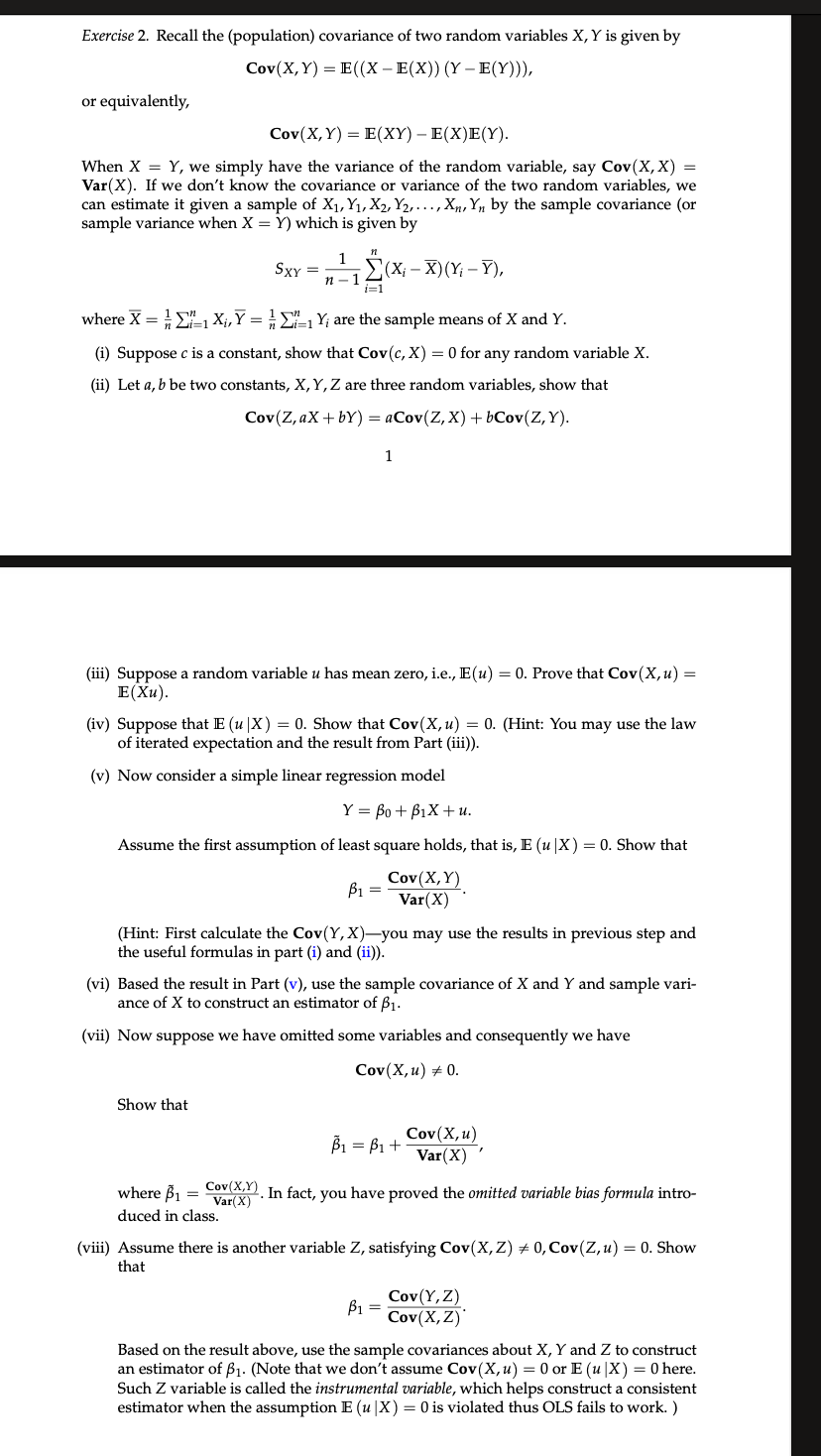 Solved Exercise 2. Recall the (population) covariance of two | Chegg.com