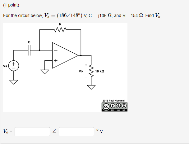 Solved For the circuit below, Vs=(186∠148∘)V,C=−j136Ω, and | Chegg.com