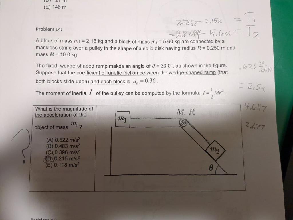 Solved (E) 146 m Problem 14: A block of mass m1=2.15 kg and | Chegg.com