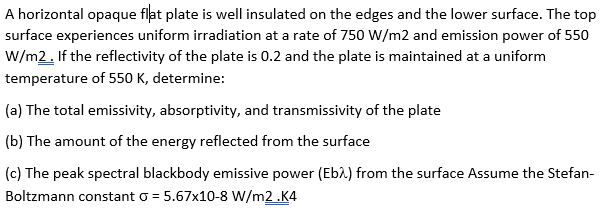 A horizontal opaque flat plate is well insulated on | Chegg.com