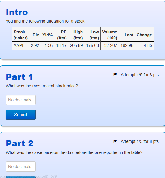 Solved Intro You find the following quotation for a stock: | Chegg.com