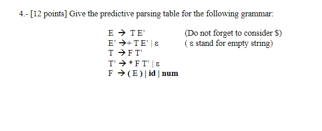 Solved 4.- [12 points] Give the predictive parsing table for | Chegg.com