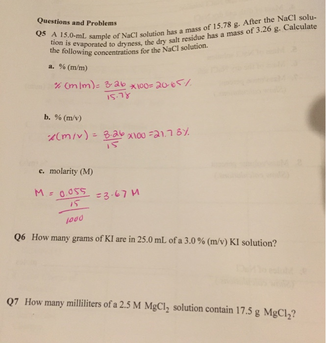 Solved on ism sample of NaCI solution has a mass of 15.78 g. | Chegg.com