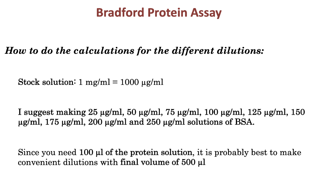Solved Bradford Protein Assay How to do the calculations for | Chegg.com
