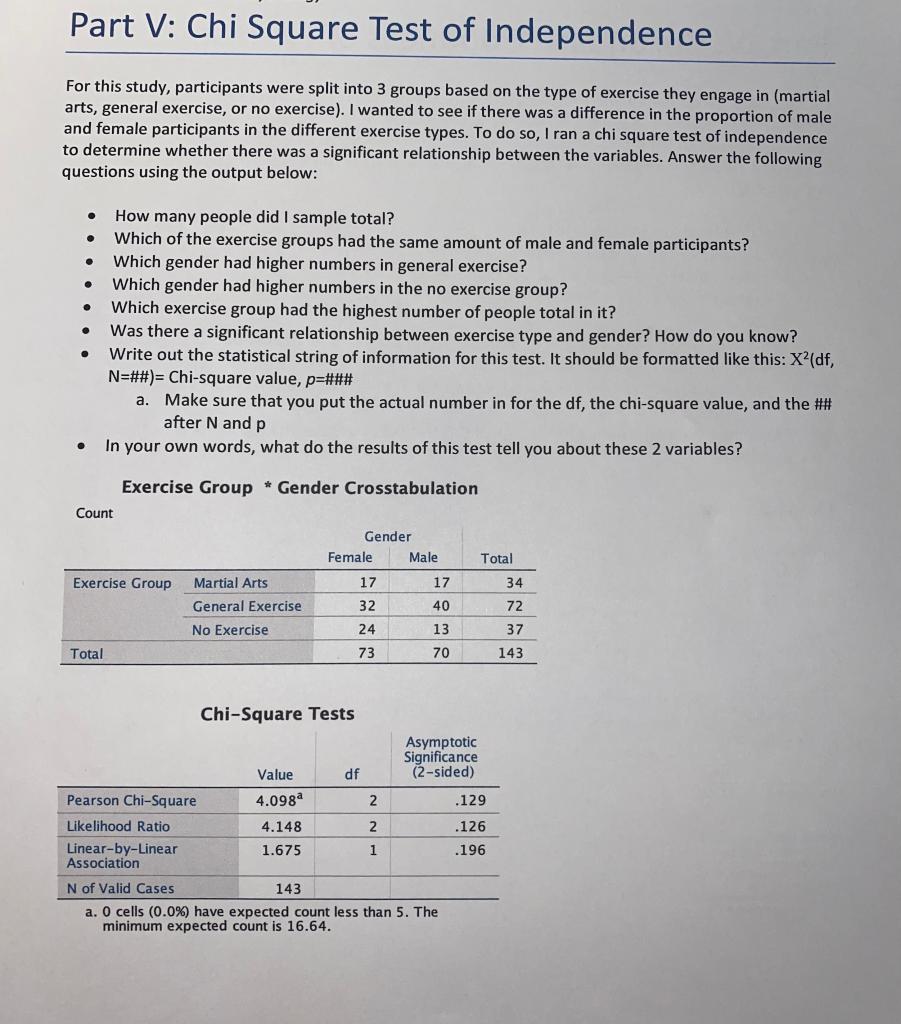 Solved Part V: Chi Square Test of Independence For this | Chegg.com