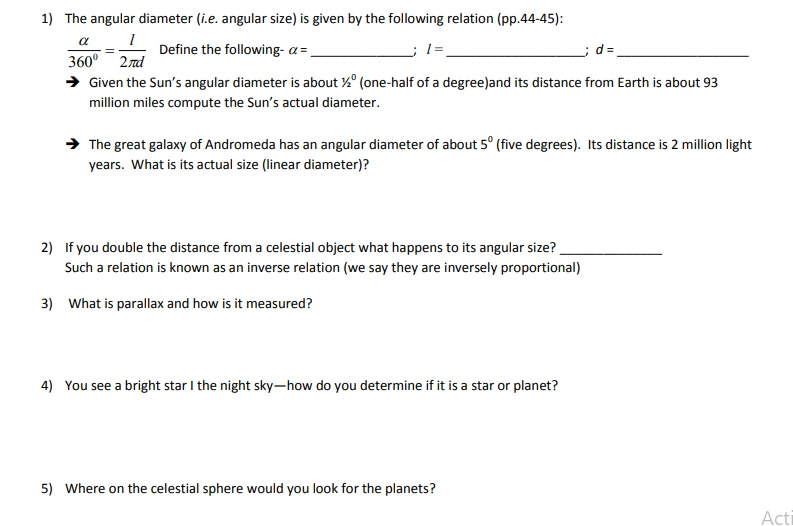 Solved 1) The angular diameter (i.e. angular size) is given | Chegg.com