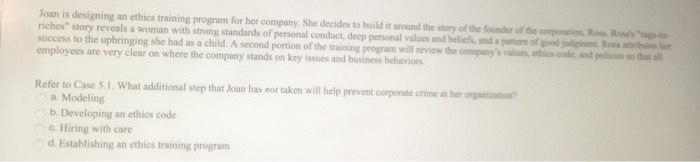 Solved Joan is designing an ethics training program for her | Chegg.com