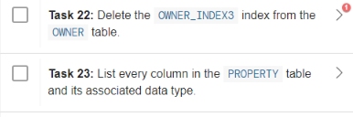 Solved Task 22: Delete the OWNER_INDEX3 ﻿index from theOWNER | Chegg.com