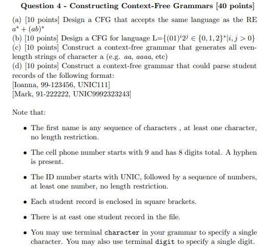 Solved Question 4 - Constructing Context-Free Grammars (40 | Chegg.com