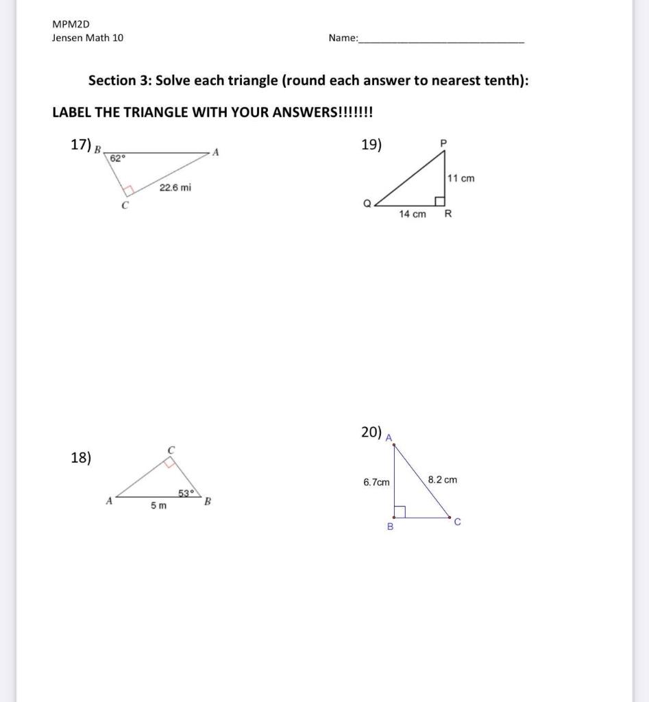 Solved MPM2D Jensen Math 10 Name: Section 3: Solve each | Chegg.com
