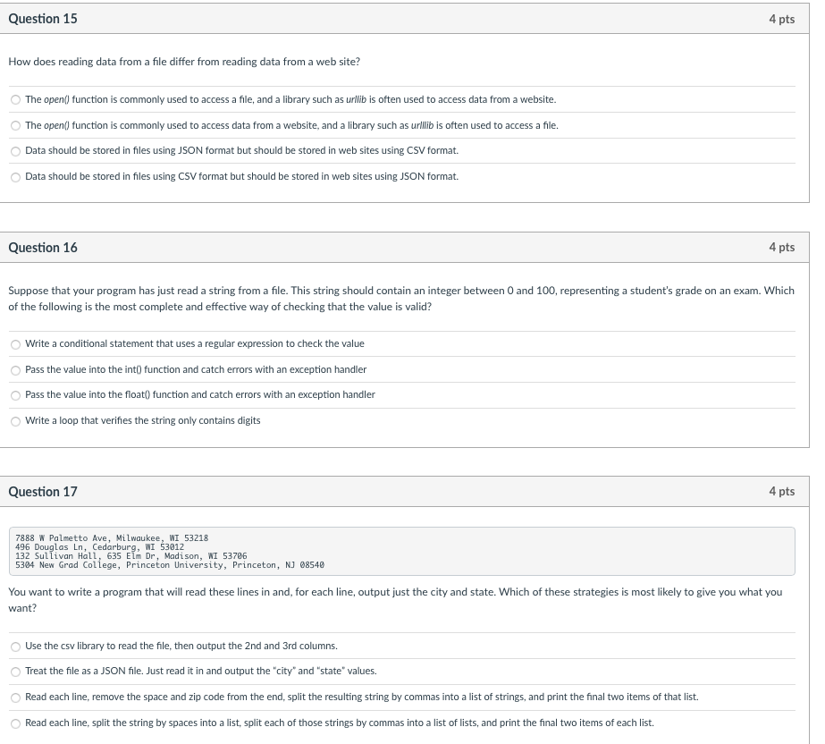 Solved Question 15 4 pts How does reading data from a file | Chegg.com