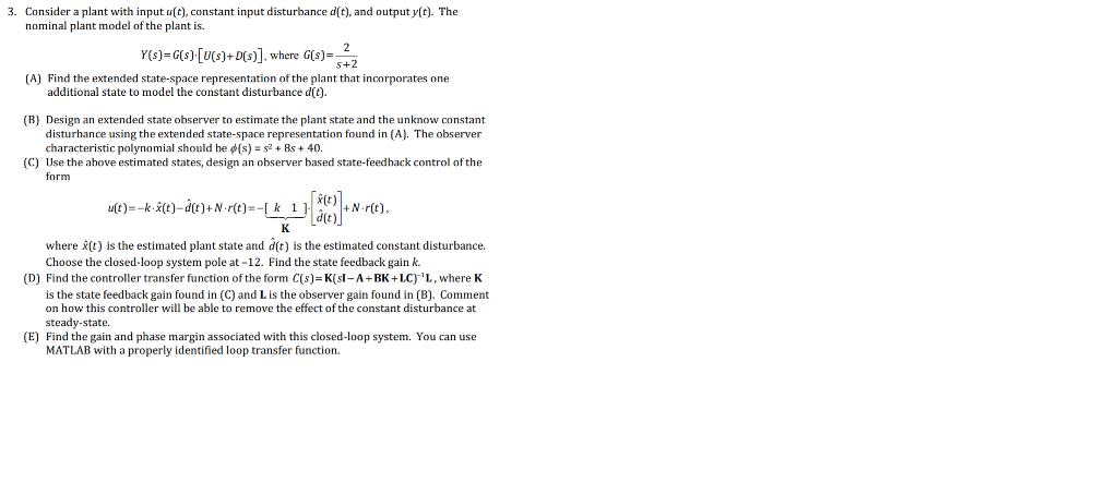 Solved 3. Consider a plant with input u(t), constant input | Chegg.com