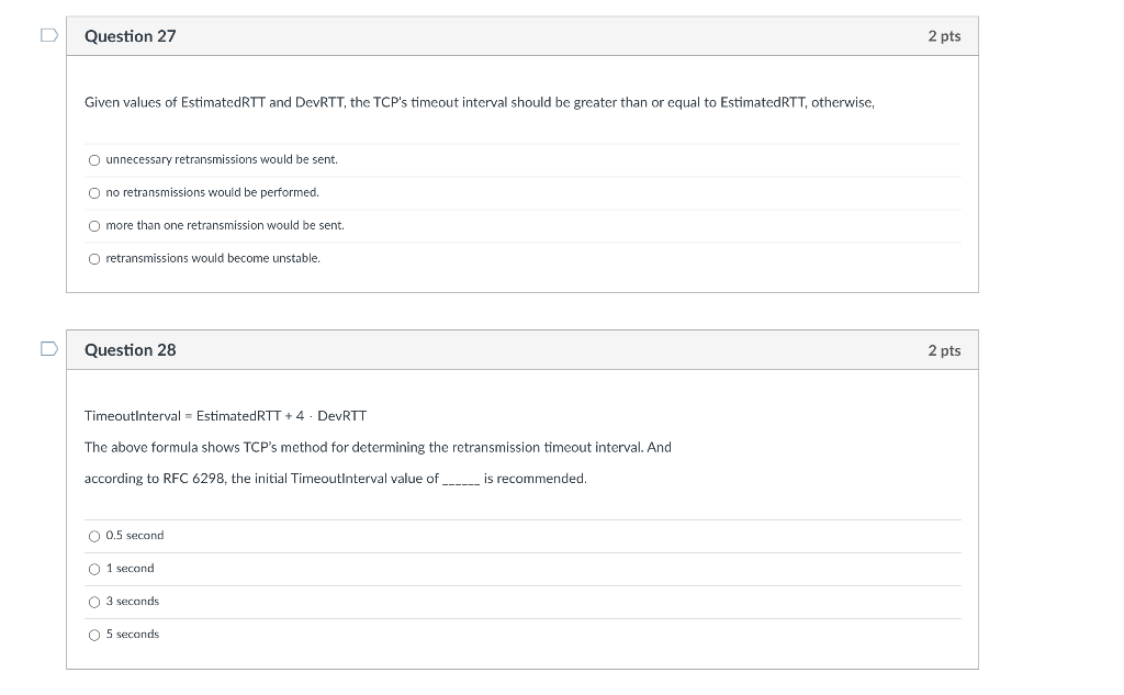 Solved D Question 27 2 pts Given values of Estimated RTT and | Chegg.com