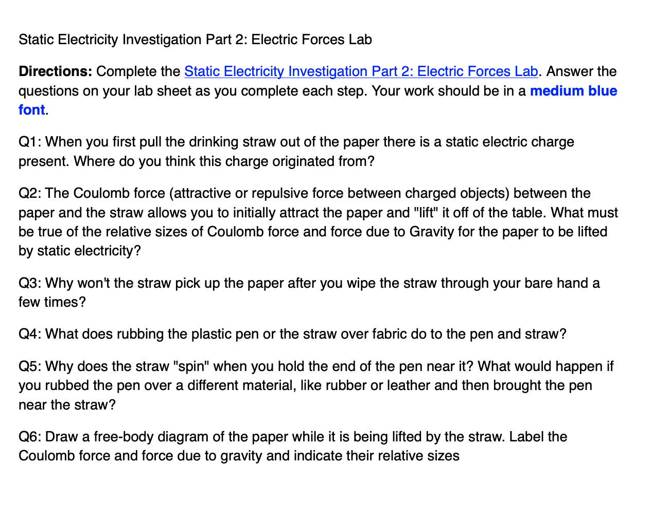 Static Electricity Investigation Part 2: Electric | Chegg.com