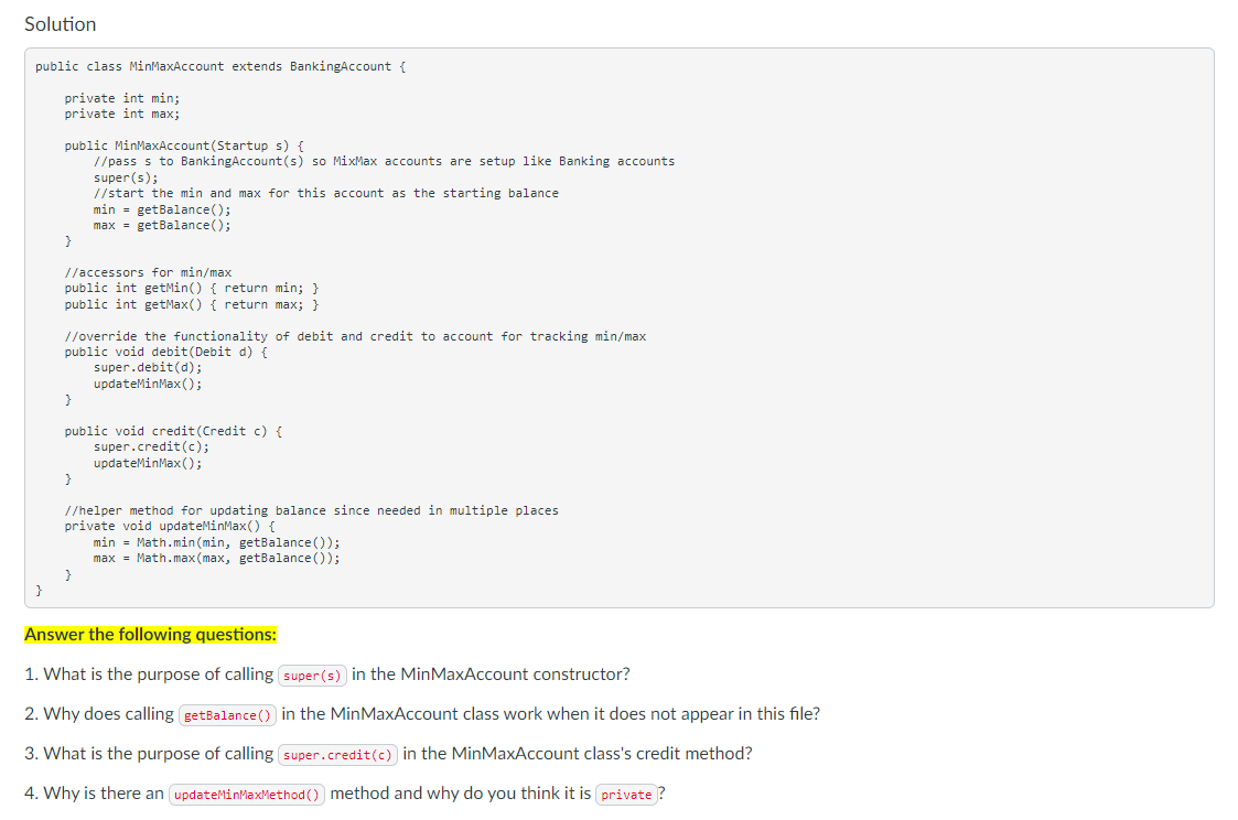 Solved Solutionpublic class MinMaxAccount extends | Chegg.com