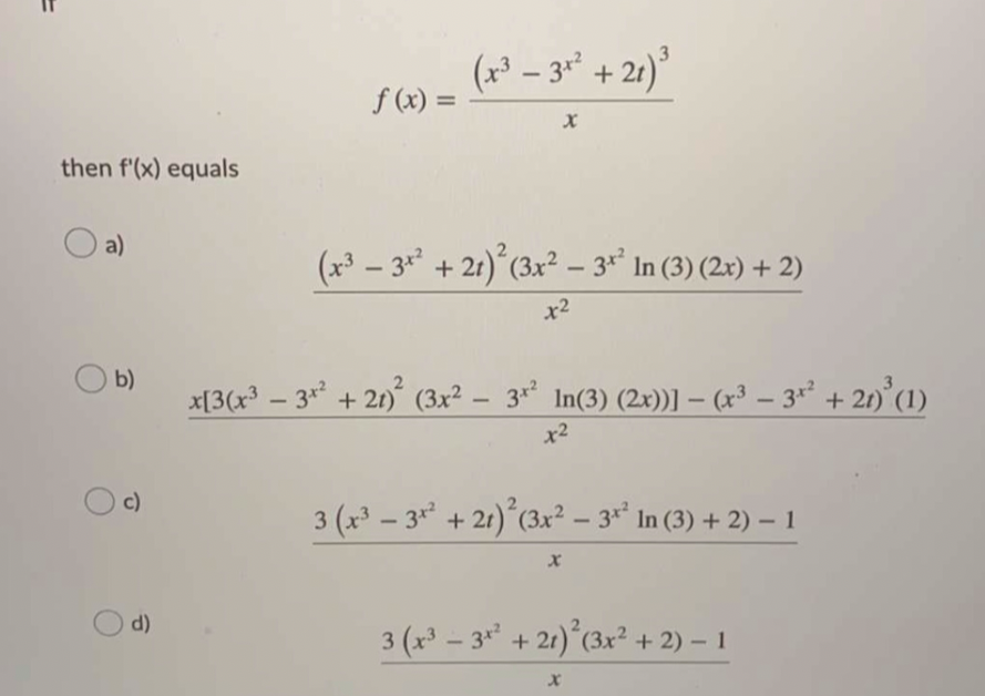 Solved 3 (x3 - 3x + 21) f (x) = then f'(x) equals a) (x2 – | Chegg.com