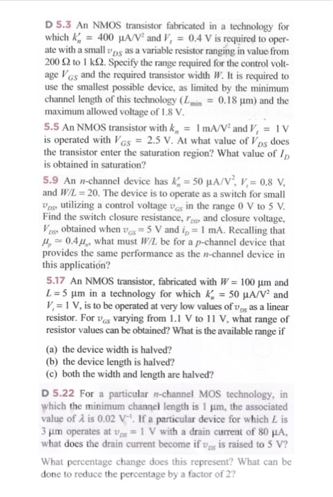 Solved An NMOS transistor fabricated in a technology for | Chegg.com