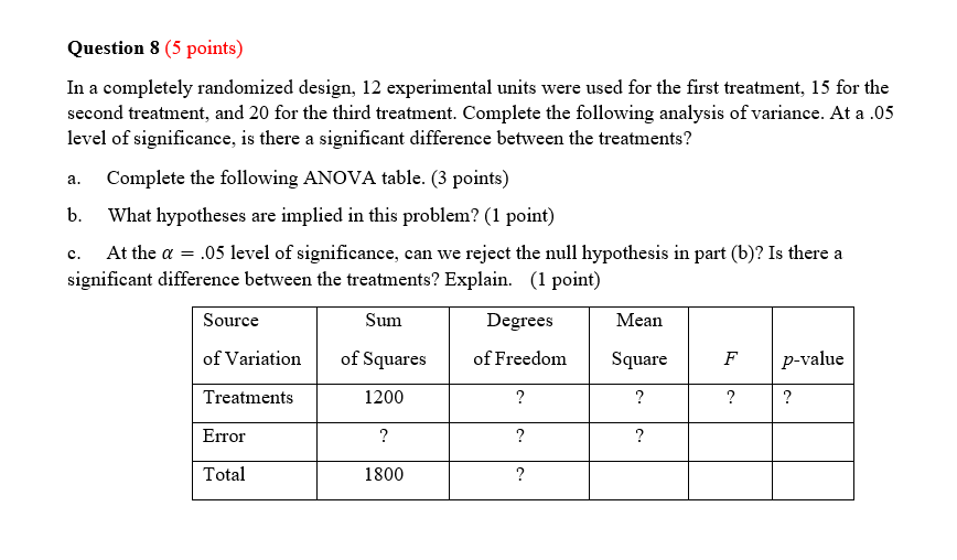 Solved a. Question 8 (5 points) In a completely randomized | Chegg.com
