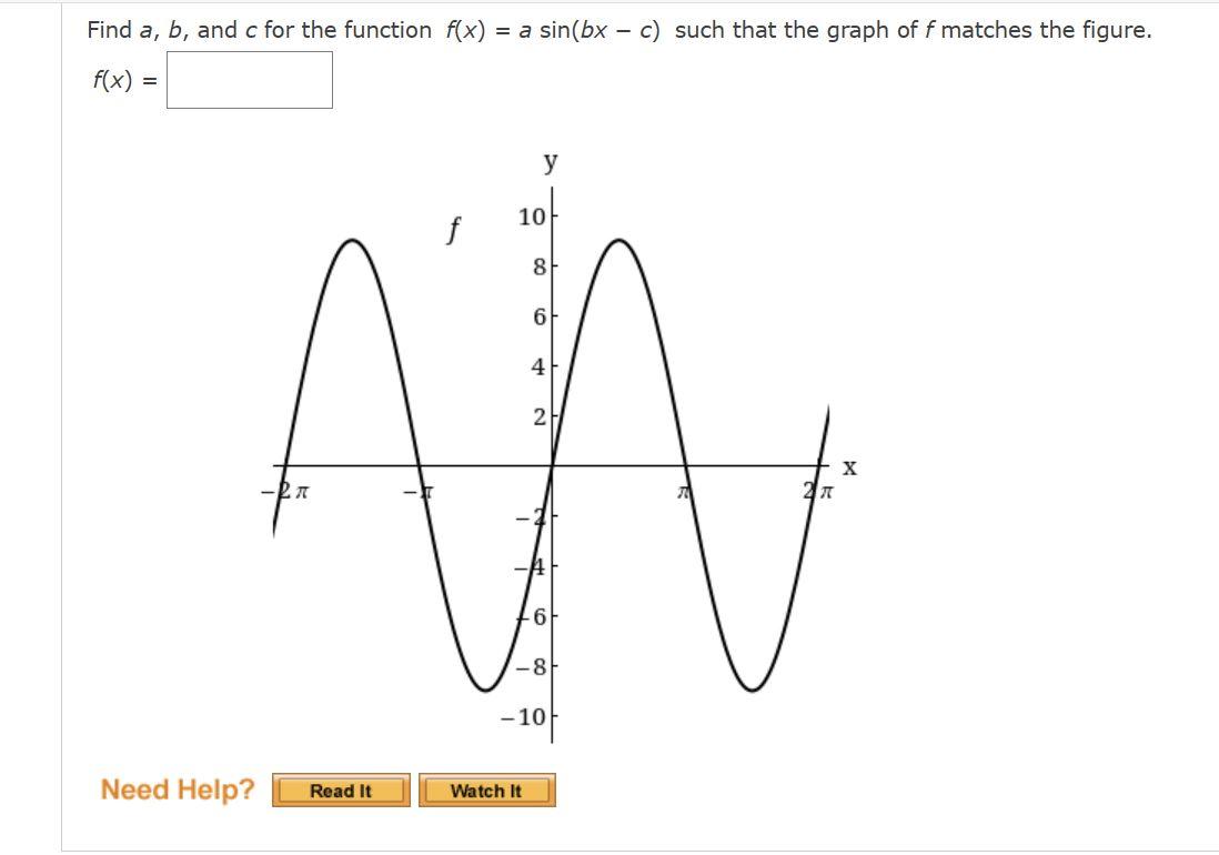 Solved Find a,b, and c for the function f(x)=asin(bx−c) such | Chegg.com