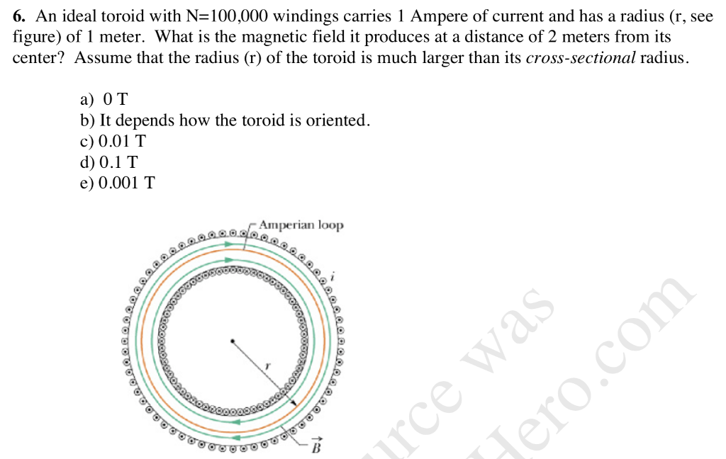 Solved 6. An ideal toroid with N= 100,000 windings carries 1 | Chegg.com