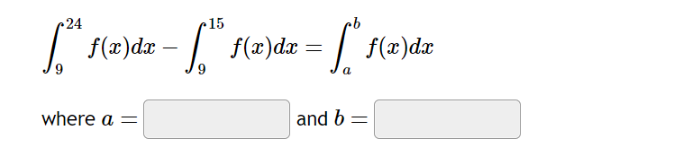 Solved ∫924f(x)dx−∫915f(x)dx=∫abf(x)dx where a= and b= | Chegg.com