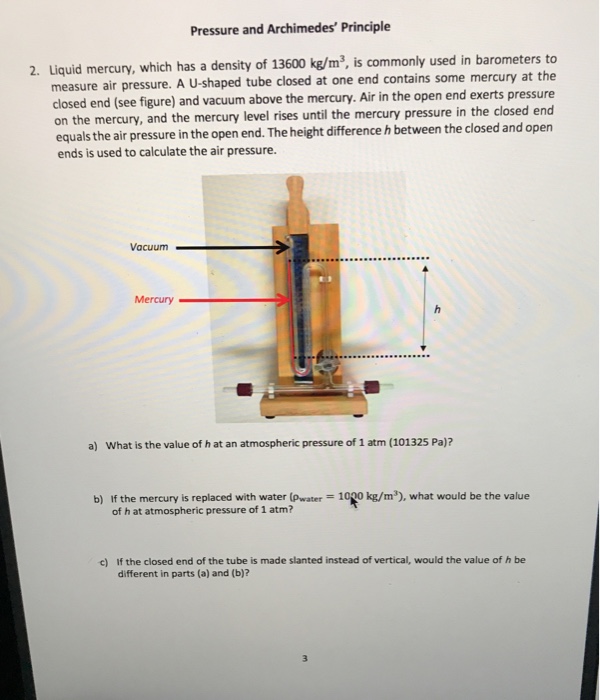 Solved Pressure and Archimedes' Principle 2. Liquid mercury, | Chegg.com