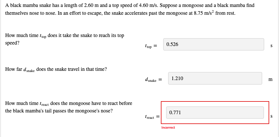 Solved A black mamba snake has a length of 2.60 m and a top | Chegg.com
