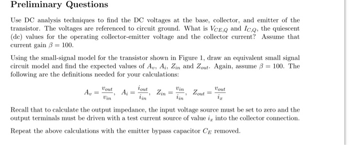 Solved Preliminary Questions Use DC analysis techniques to | Chegg.com