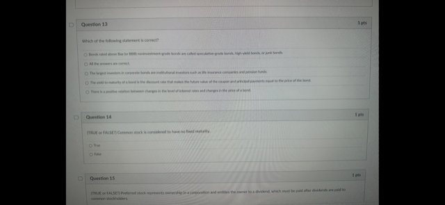 Solved 15. (TRUE or FALSE?) Preferred stock represents | Chegg.com