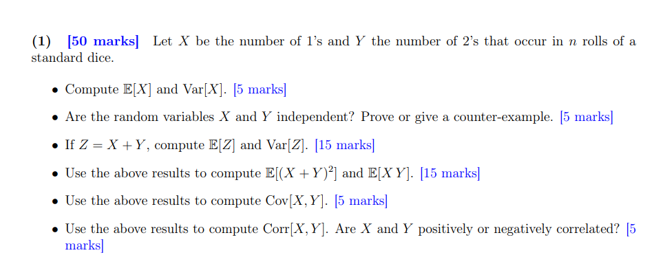 Solved (1) [50 marks] Let X be the number of 1's and Y the | Chegg.com