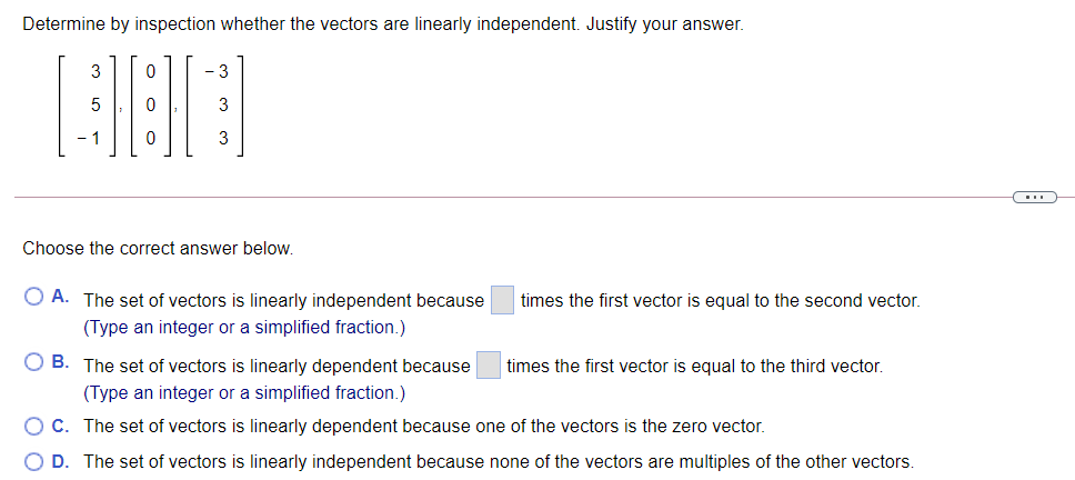 Solved Determine by inspection whether the vectors are | Chegg.com