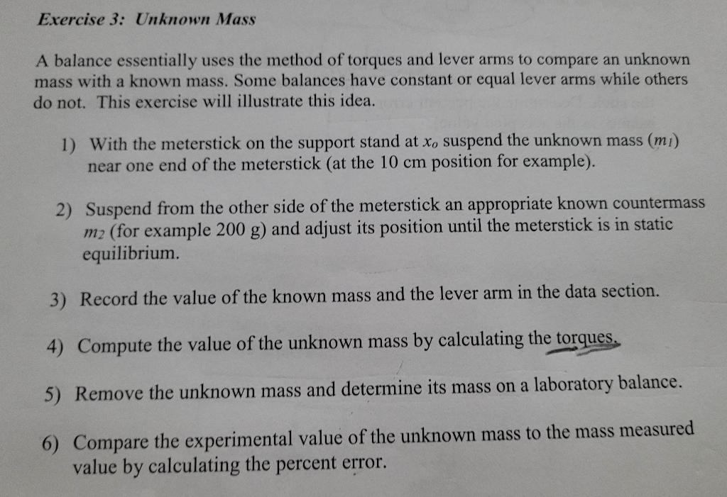Solved Exercise 3: Unknown Mass A balance essentially uses | Chegg.com