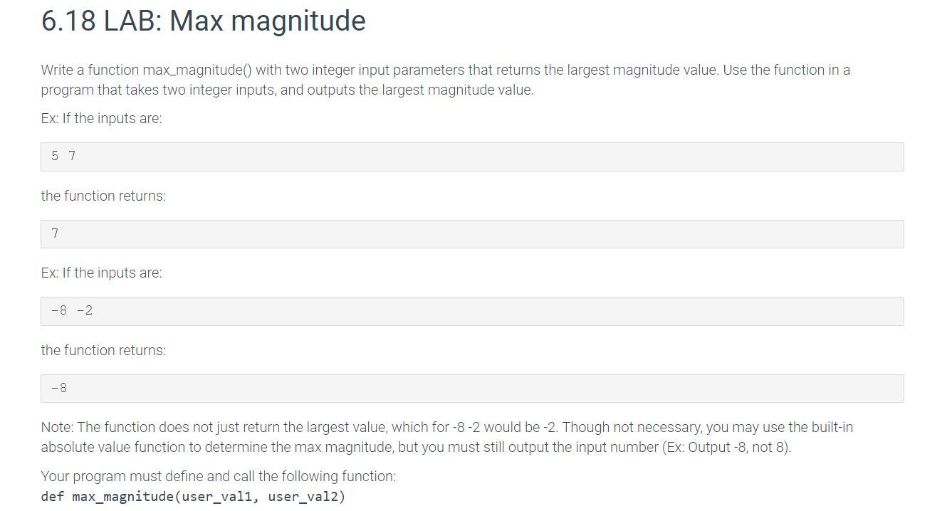 Solved 6.18 LAB: Max magnitude Write a function | Chegg.com