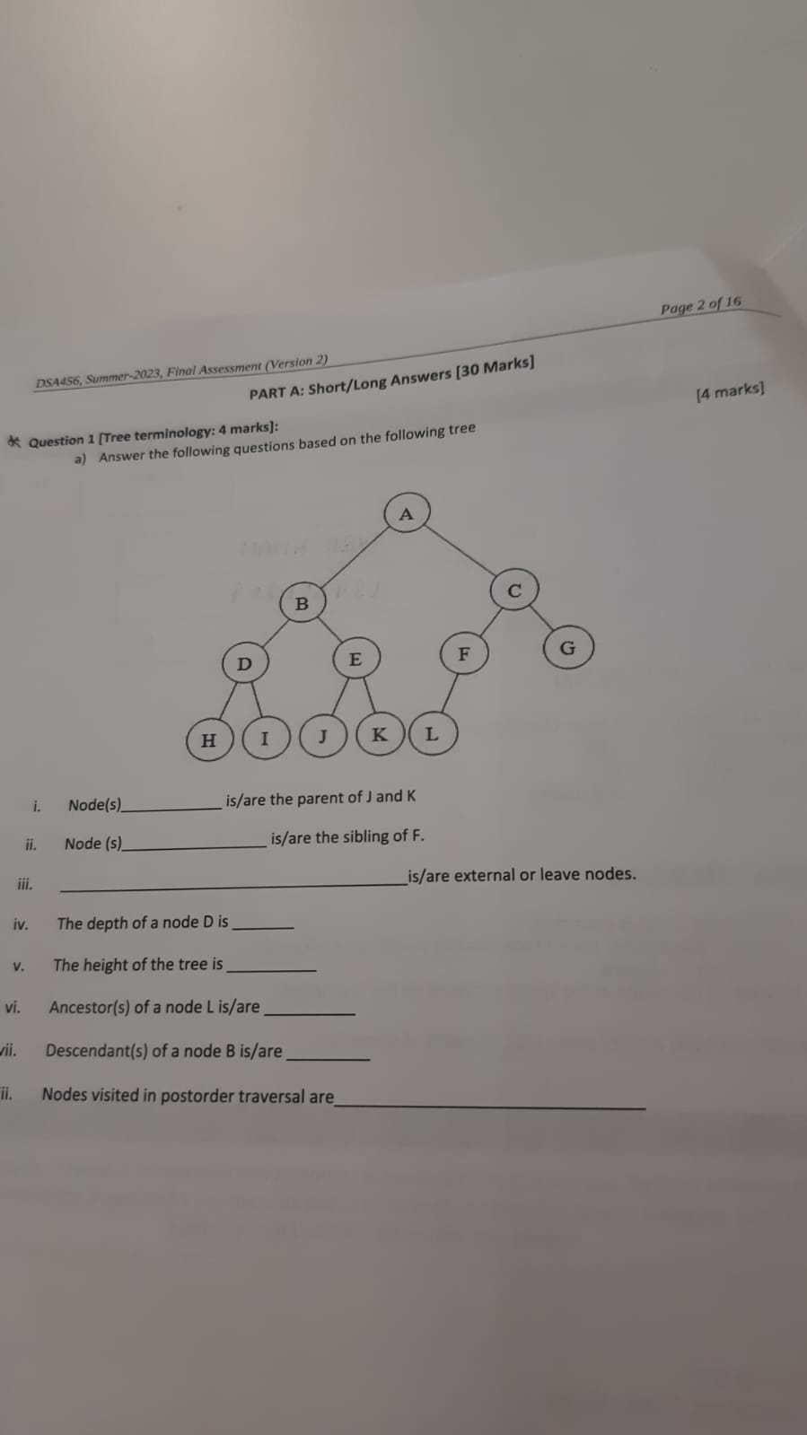 Solved * Question 1 [Tree terminology: 4 marks]: a) Answer | Chegg.com