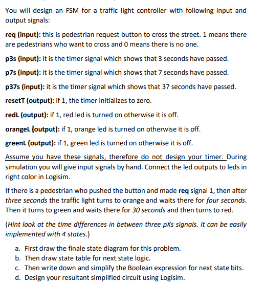 You will design an FSM for a traffic light controller | Chegg.com